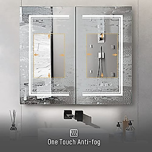 FCH Bathroom Medicine Cabinet with Dimmable LED Mirror, 32"×28" Anti-Fog LED Lighted Mirror Bathroom Cabinet Wall Mounted with 2 Outlets 2 USB Ports 2 Inside and Outside Mirror Doors
