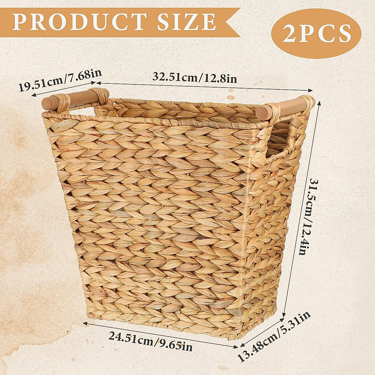 Eaasty 2 Pcs Wicker Waste Basket Woven Wicker Trash Can Bathroom Wastebasket with Wooden Handle for Bedroom Storage 12.8 x 7.6 x 12.4 Inch(Brown)