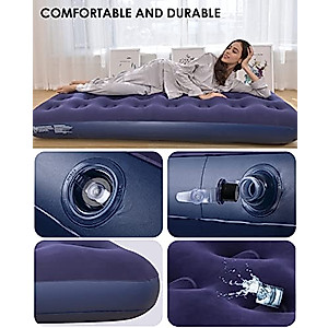 JEAOUIA Twin Size Air Mattress for Inflatable - Portable Blue Blow Up Mattresses with Flocked top - Single Foldable Air Bed for Tent Camping Home Travel Backpacking