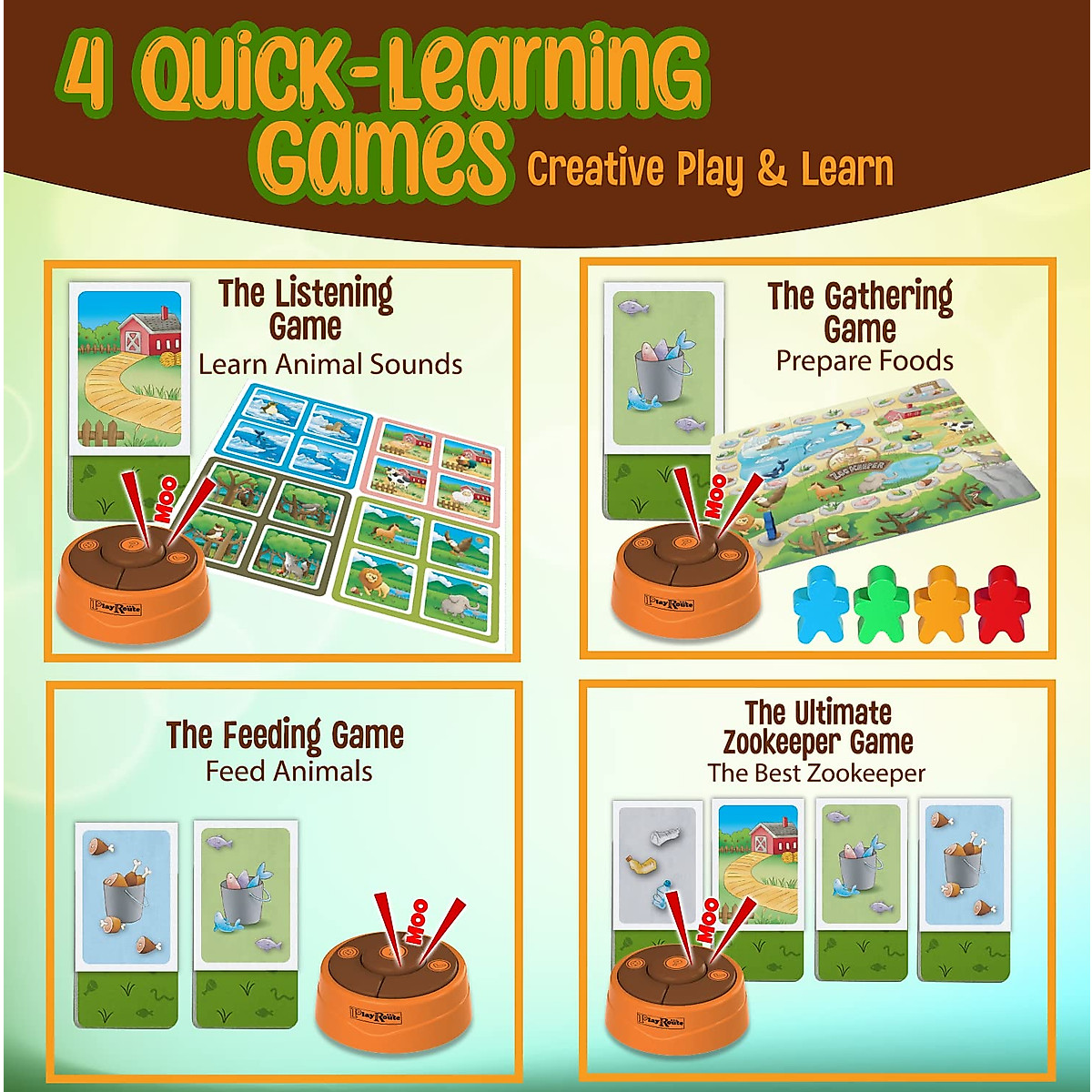 PlayRoute Zoo Keeper Game | Animal Games with Realistic Animal Sounds | 4 Level Board & Card Games | Educational Learning Activity for Kids Ages 5-12 Years and Up