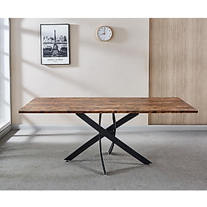 Mid-Century Dining Table for 6 People,63" Dining Room Table,Farmhouse Kitchen Table with Walnut Printed Wooden Table,Modern Dining Room Table with Black Metal Legs