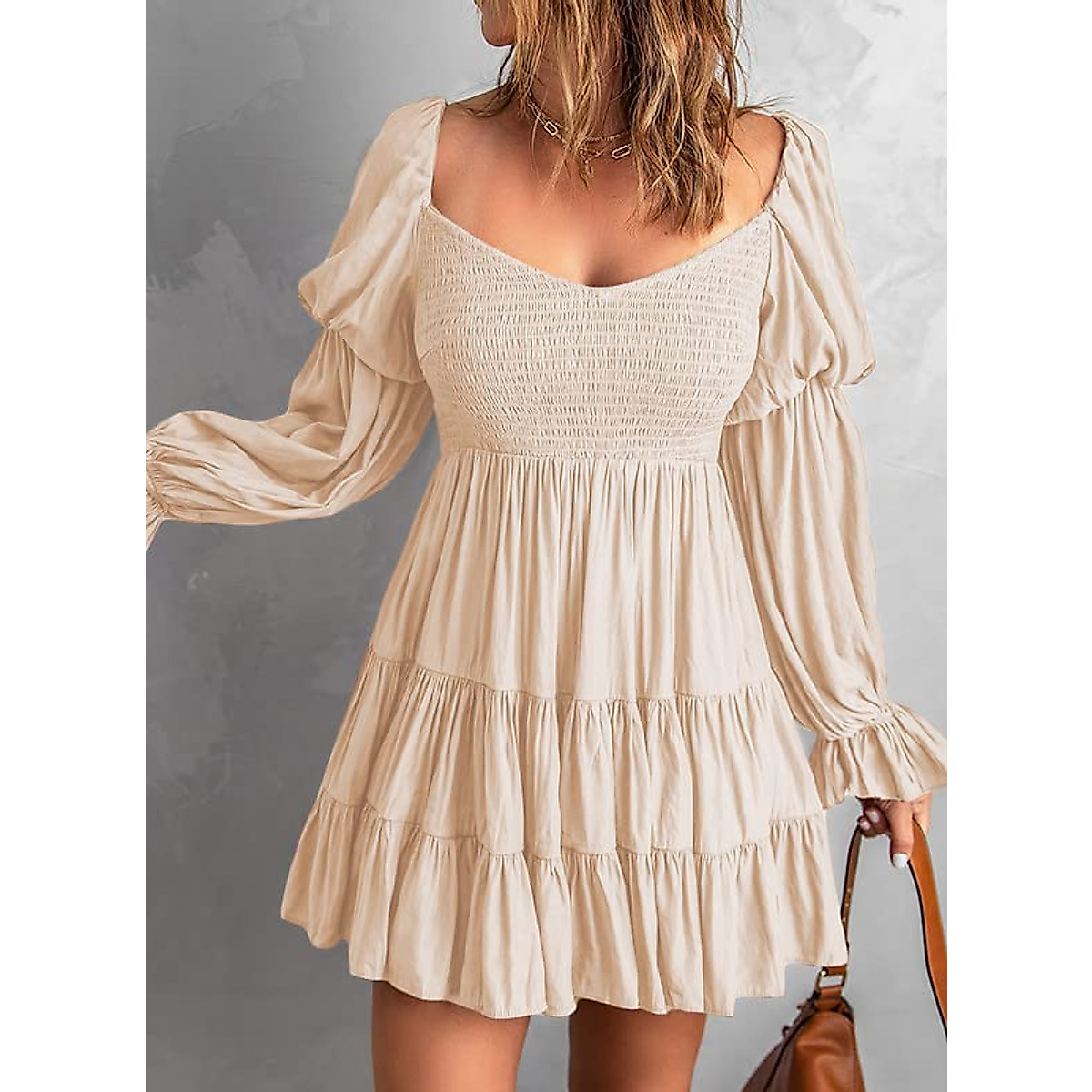 Dokotoo Womens Dress Spring Summer Dresses for Women 2025 Birthday Wedding Guest Dresses Casual Sexy Off The Shoulder Square V Neck Long Sleeve Smocked A-Line Mini Short Dresses for Women Khaki Medium