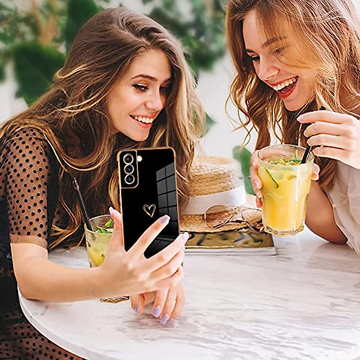 AIGOMARA Compatible Samsung Galaxy S22 Plus Case Heart Design Cute Plating Shockproof Protection Anti-Scratch Soft TPU Black Case for Galaxy S22 Plus 6.7 Inch - Black