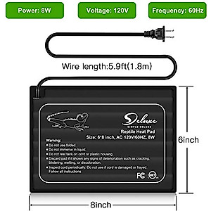 Simple Deluxe 6 X 8 Inch 8W Reptile Heating Pad with 2-Probe Digital Thermometer and Hygrometer Under Tank Heater Terrarium Warmer Heat Mat for Amphibians and Reptiles Pet, Black