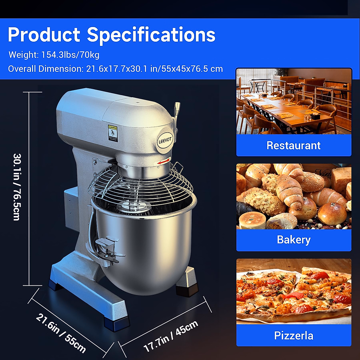 EKway 30Qt Commercial Food Mixer with Timing Function,1250W Commercial mixer 3-Speed Adjustable Heavy Duty, Electric Stand Food Mixer with Stainless Steel Bowl for Bakery Pizzeria. (Standard)