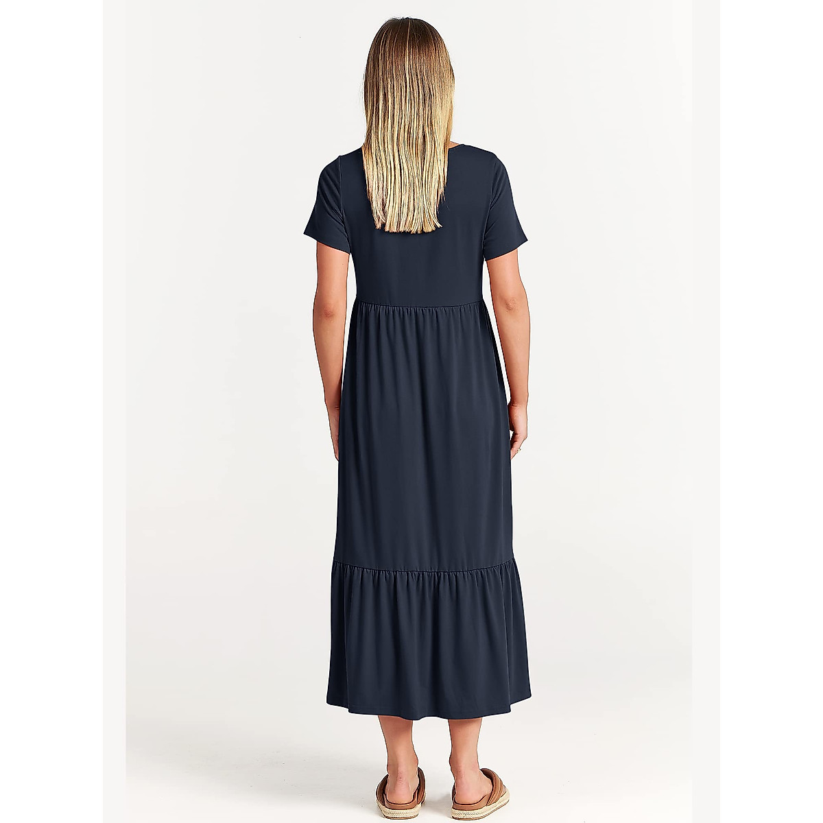 ANRABESS Women Summer Casual Short Sleeve Crewneck Aline Swing Flowy Tiered Shirt Maxi Beach Long Dress 2025 Trendy Outfits X-Large Navy Blue