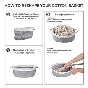 Goodpick Small Woven Basket Cute Gray Rope Basket Cotton Basket Baby Room Storage Basket Dog Toy Basket with Handles Empty Gift Basket for Shelf 12"x 8" x 5" Easter Basket Oval Candy Color Design