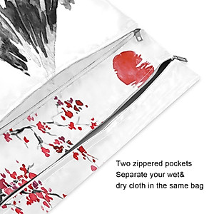 HUXINO Waterproof Wet Dry Bags Japan Mountain Cherry Flower, Kids Baby Cloth Diaper Wet Bags Organizer Reusable Bags Pouch with 2 Zippered Pockets Beach Travel Hiking Gym Bag for Swimsuits Wet Clothes