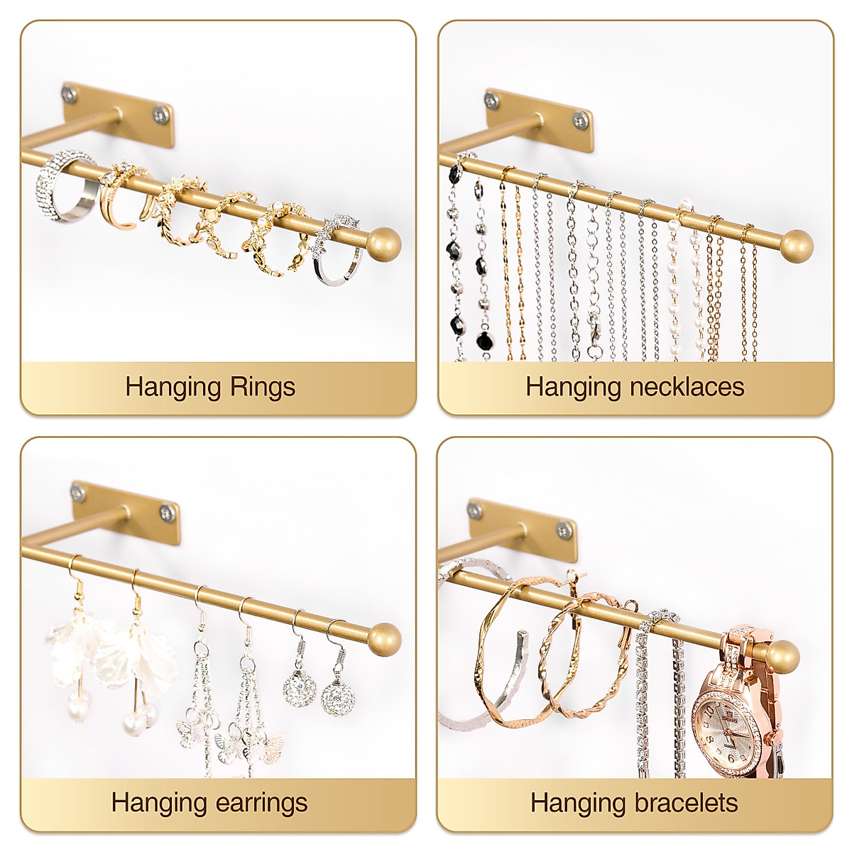 Josmimic Wall Hanging Jewelry Organizer: 13.7'' Necklace Holder for Earring, Bracelet, Rings, Hairband, Glasses, Gold 1-Pack, Screws Included