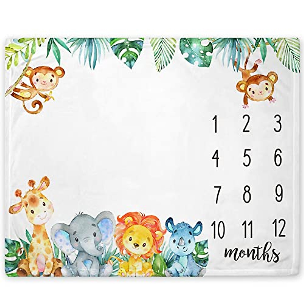 Safari Jungle Baby Monthly Milestone Blanket, Jungle Animals Milestone Blanket for New Mom, Giraffe Elephant Baby Growth Chart Monthly Blanket, Includes Marker (Blue, 50"x40")