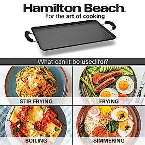 Hamilton Beach Nonstick Double Griddle 19x11-Inch - Black Aluminum Griddle with Soft Touch Bakelite Handle - Flared Edge - Spiral Bottom, Easy to Clean, Multipurpose Use - Durable & Dishwasher Safe