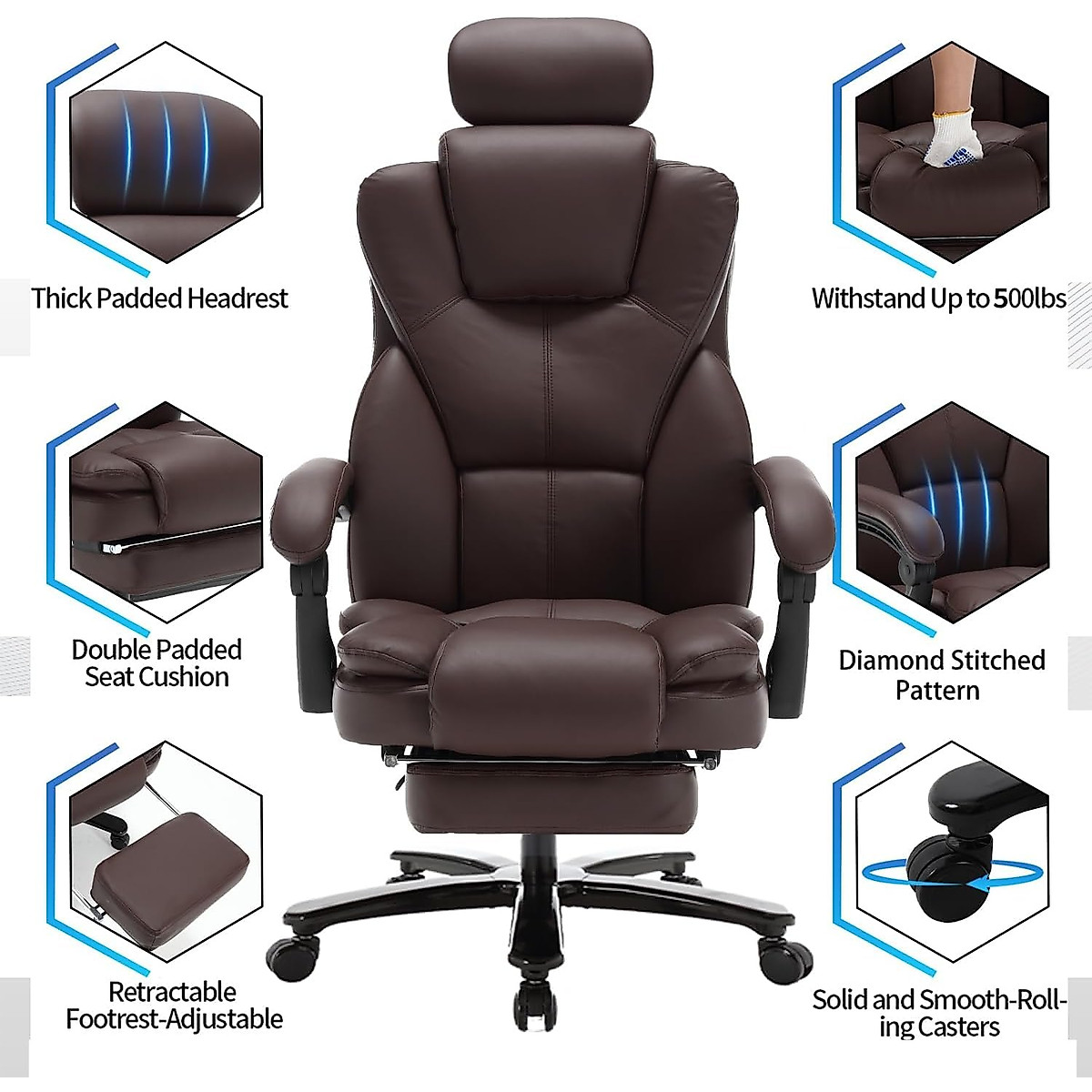 Big and Tall Reclining Office Chair with Footrest 400lbs, PU Leather Executive Office Chairs for Heavy People, High Back Home Office Desk Chair, Ergonomic Managerial Chairs with Wheels (Brown)