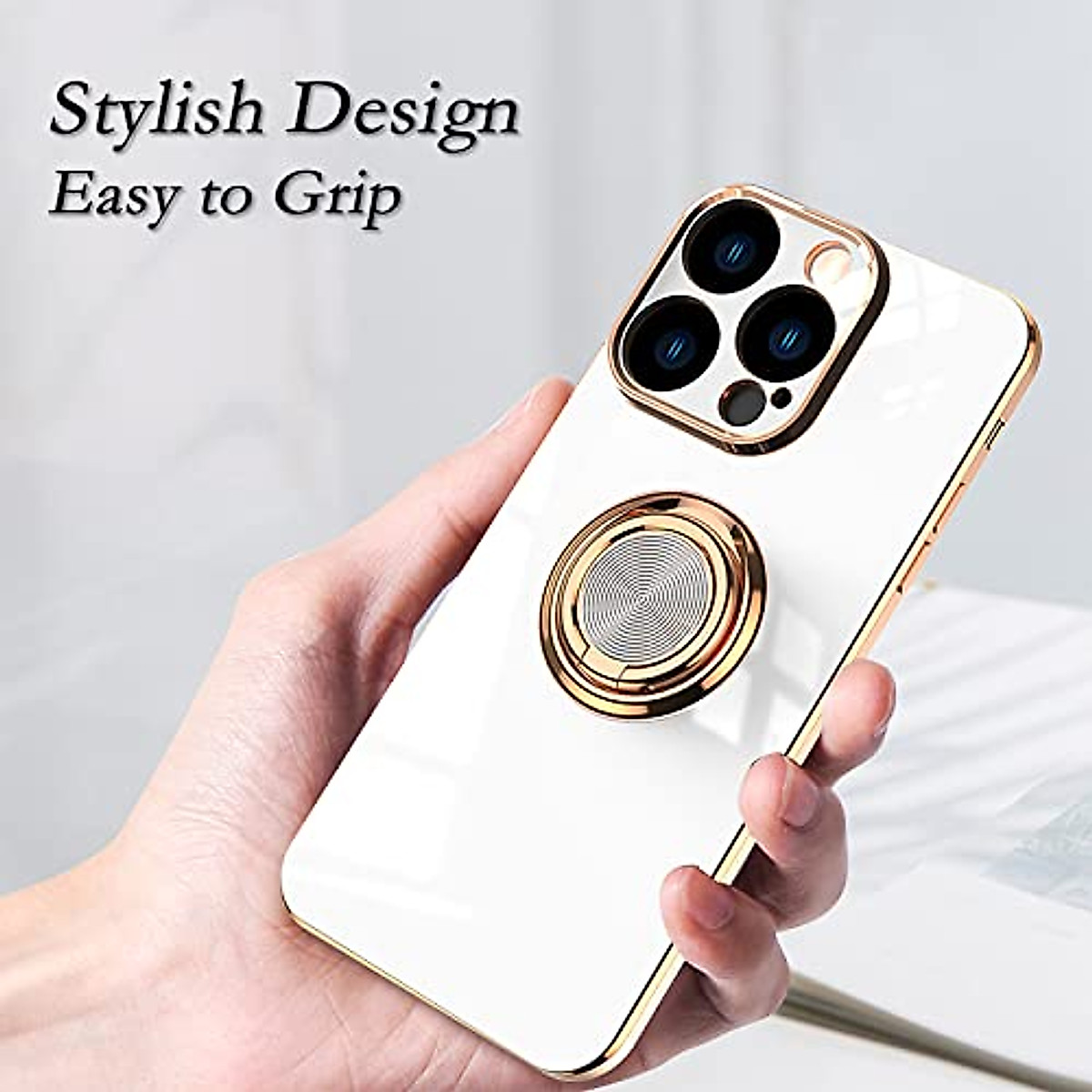 aowner for iPhone 14 Pro Case with Ring Holder, 360 Rotatable Magnetic Kickstand Support Car Mount Slim Shockproof for Women Men Protective Phone Case for iPhone 14 Pro 6.1", Blue Gray/Gold