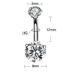 YHMM 14G Surgical Steel Belly Button Rings, Internally Threaded 12mm Long Round CZ Navel Barbell Stud for Women Men (6 Pcs 6 Colors)