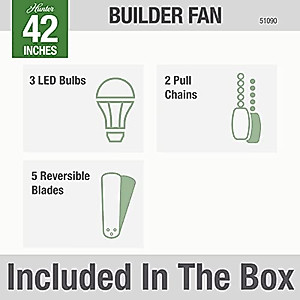 Hunter Fan Company, 51090, 42 inch Builder Snow White Low Profile Ceiling Fan with LED Light Kit and Pull Chain