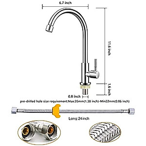 Cold Water Faucet Only,Brushed Nickel Stainless Steel Single Handle Single Hole Faucet High Arc Cold Water Sink Faucet for Kitchen,Outdoor, Garden and Bar.(Free Cold Water Supply Lines)