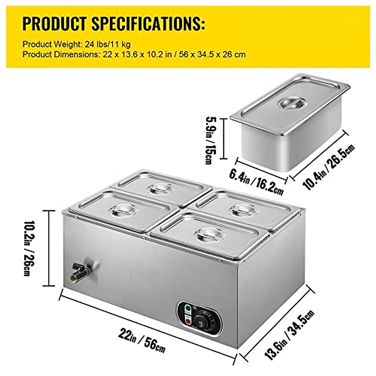 Commercial Food Warmer Bain Marie, 110V 4-Pan Stainless Steel Steam Table with 14.8 Qt Capacity and Precise Temperature Control