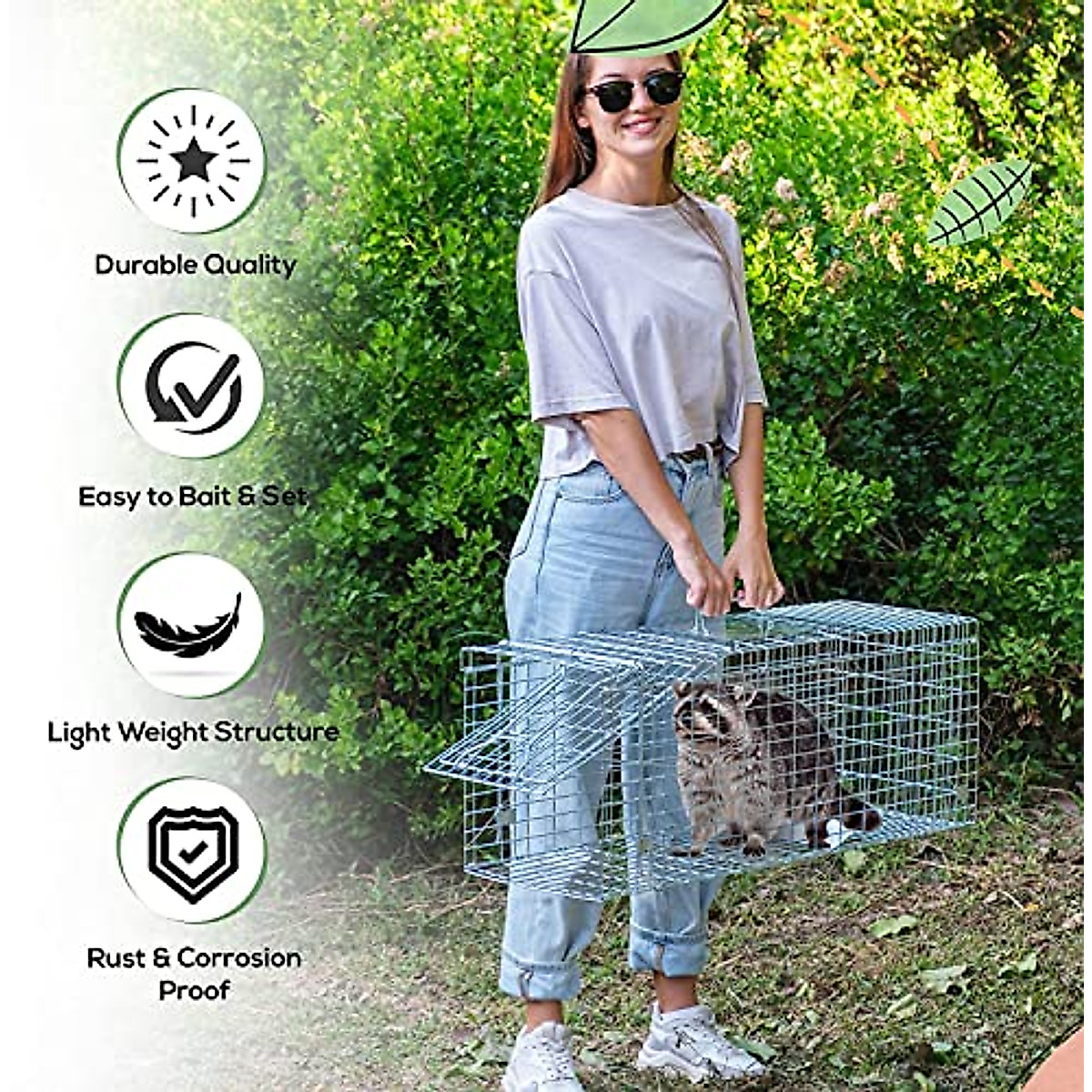 SAFETRAP Large Cage Trap for Live Animals + Bite Proof Gloves - 32" One-Door Humane Live Cage - Heavy Duty Animal Trap - Ideal to Catch & Release Raccoon, Chipmunk, Rabbit, Groundhog, Cat
