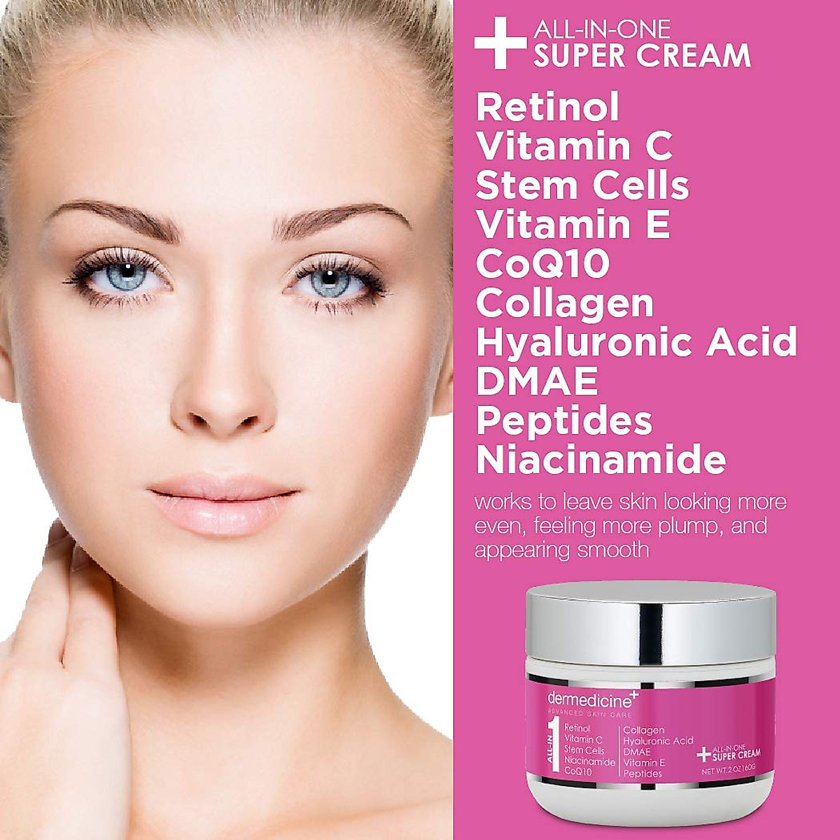 All In One Super Anti-Aging Cream for Face with Retinol, Vitamin C, Stem Cells, Vitamin E, CoQ10, Collagen, Hyaluronic Acid, DMAE, Peptides, Niacinamide for More Youthful Looking Skin 2oz
