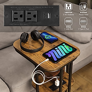 Allinside C Shaped End Table with Charging Station, 2-Tier Side Table with Storage Shelf Large Laptop TV Snack Tray Ideal for Couch, Sofa Slide Under, Bedside, Small Spaces (2 USB Ports & 2 Outlets)