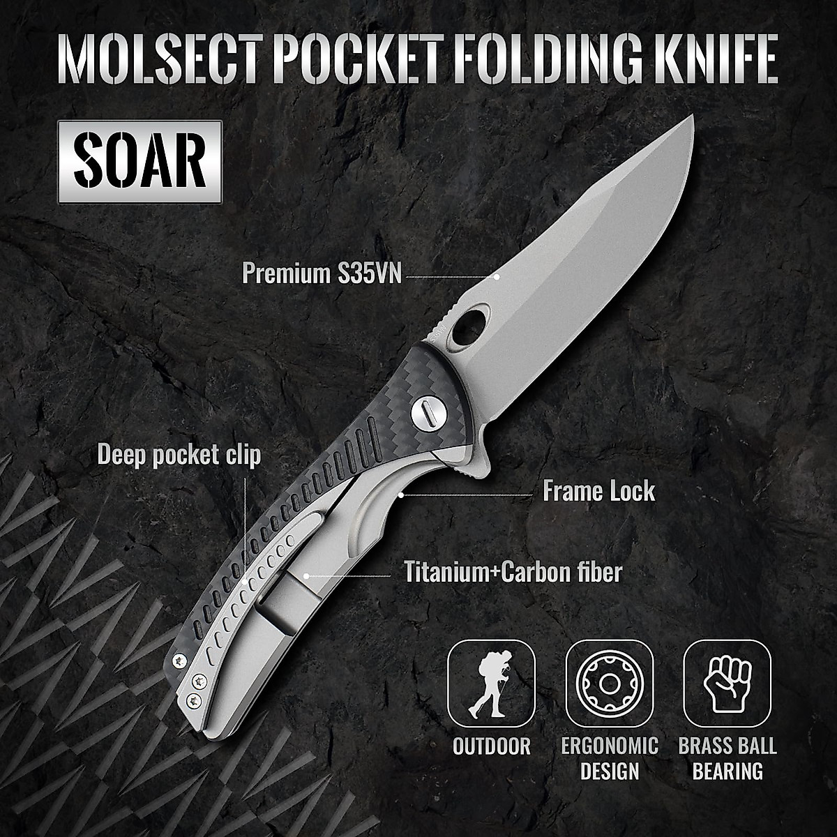 MOLSECT Soar Pocket Folding Knife, Frame Lock EDC Knives 3.27" S35VN Blade Titanium-Carbon Fiber Handle, Everyday Carry Knife for Outdoor Indoor Hiking Camping Fishing Hunting Work Men Women Gift