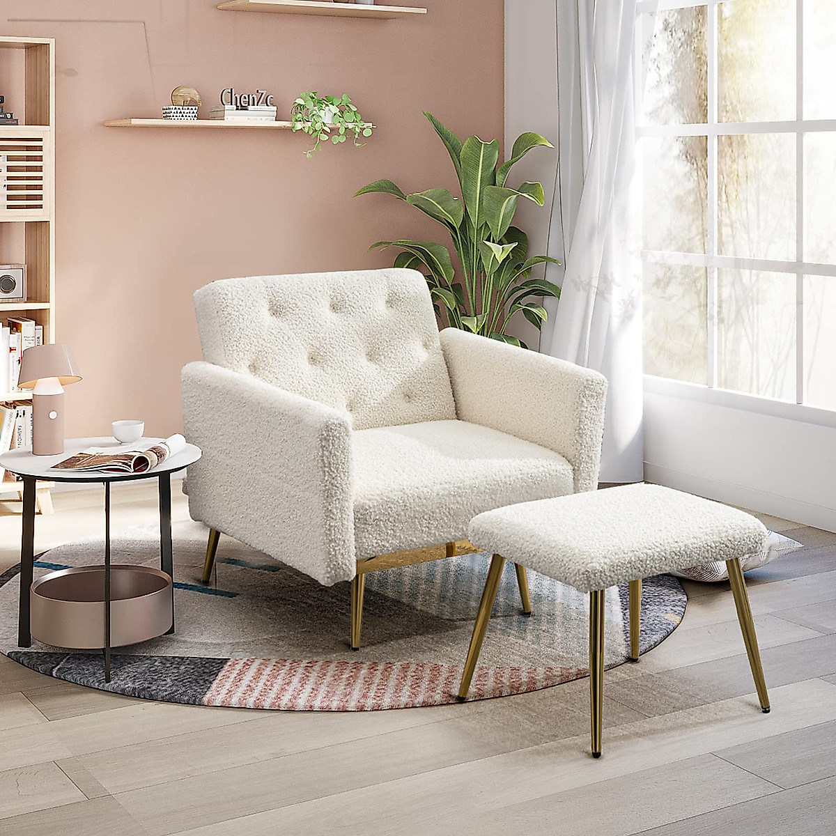 KINFFICT Velvet Accent Sofa Chair with Ottoman, Upholstered Comfy Lounge Armchair with Adjustable Armrests and Backrest, Living Room Single Recliner with Tufted Button Back, Cream White Teddy