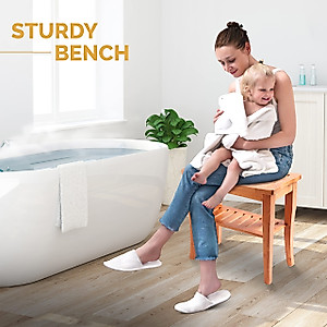 Bamboo Shower Bench - Small Shower Stool with Storage Shelf, Non-Slip Shower Seat, Bathroom Bench, Spa Decor Wooden Shower Bench, Foot Rest Shaving Stool for Shower, Suitable for Indoor/Outdoor Use
