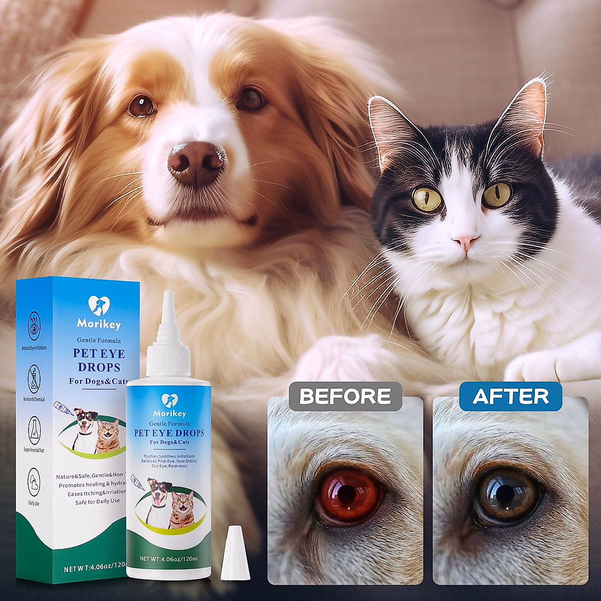 Morikey Pet Eye Drops,Gentle&Safe Dog Eye Drop for Infection,Relieve Eyes Itching & Irritation,Remove Tear Stains,Safe for All Animals, 4.06oz,120ml