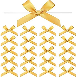 Gejoy 100 Pieces Mini Satin Ribbon Twist Tie Bows DIY Twist Bow Crafts Tying Up for Halloween Christmas Wedding Gift Wrapping Candy Treat Bags Decoration (Gold)