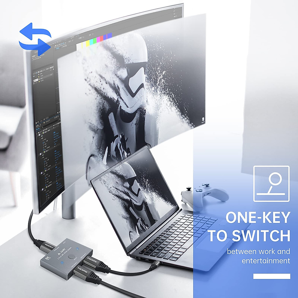 AAXY HDMI Switch 4k 120hz, Ultra Hd 8k High Speed 48gbps, HDMI 2.1 Directional Button Switch, 2 in 1 Out Supports 3D 8K@60Hz 4K@120Hz, Compatible for PS5 PS4 Projectors Monitor Blu-ray Player Xbox