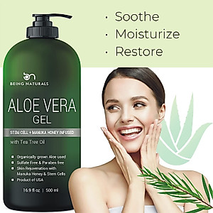 Aloe vera Gel - from 100% Pure Organic Aloe Infused with Manuka Honey, Stem Cell, Tea Tree Oil - Natural Raw Moisturizer for Face, Body, Hair. Perfect for Sunburn, Acne, Razor Bumps 16.9 fl oz