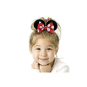 Styla Hair 2 Pack Mouse Ear Scrunchies for Kids Velvet Hair Bow Scrunchies for Women - Sparkle Sequins Mouse Hair Bands for Pony Tail - Red & Black