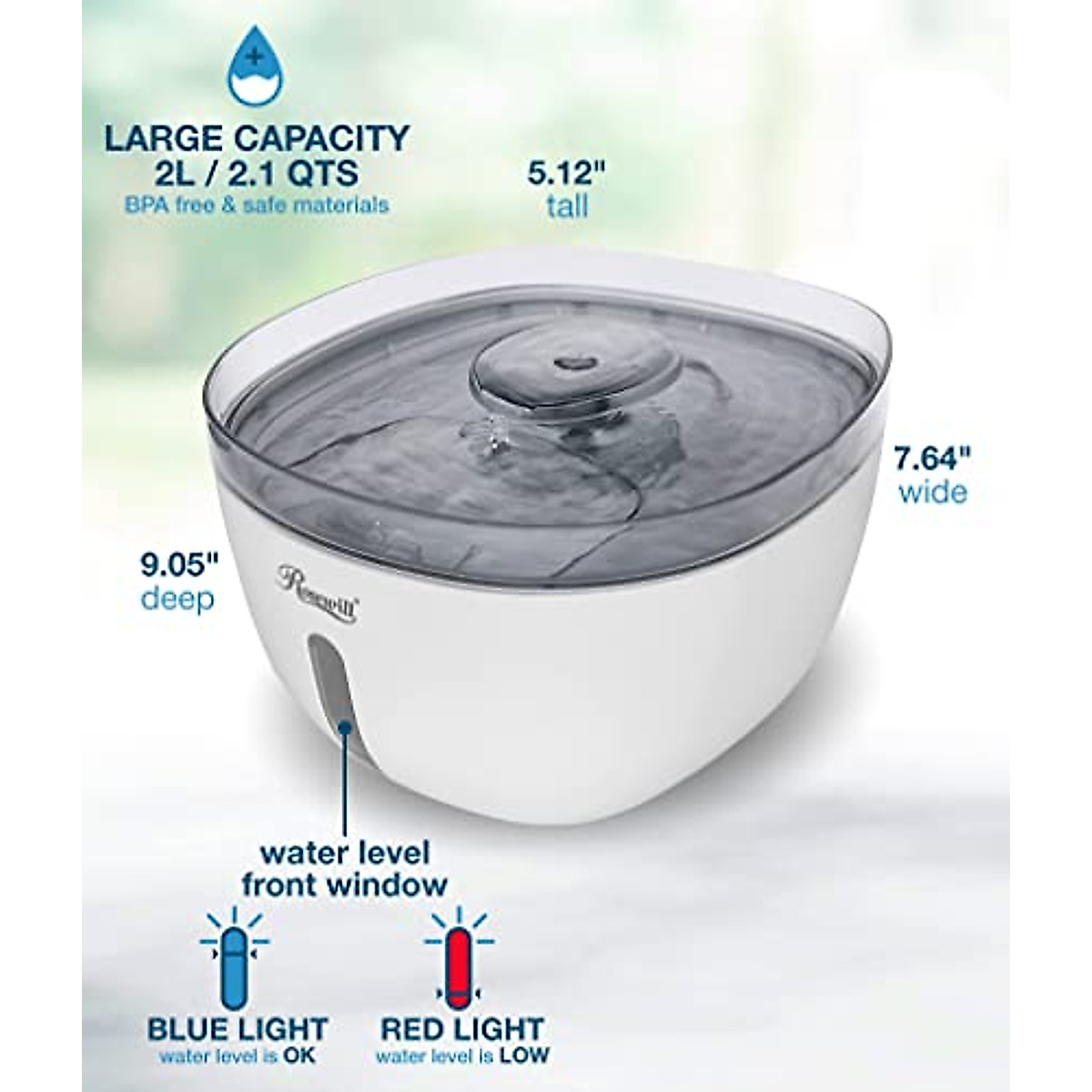 Rosewill 2L Automatic Pet Water Fountain, LED Indicator & Auto Turn Off, 2 Modes Water Dispenser, Incredibly Quiet, Low Energy Consumption, White - (RPWF-21001)