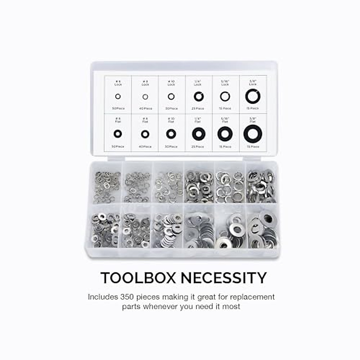 NEIKO 50400A Stainless Steel Lock and Flat Washer Assortment | 350 Piece Set | 12 Different Sizes in Spring Lock and Flat Design | Prevent Loose Fasteners