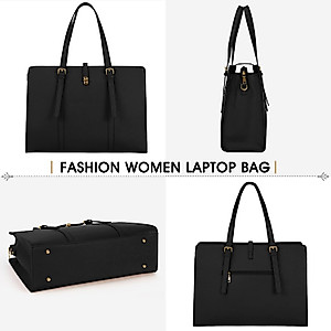 Laptop Bag for Women 15.6 Inch Leather Laptop Tote Bag Waterproof Womens Work Shoulder Bag Professional Computer Briefcase Business Office Bag Large Capacity Fashion Handbag 2PCs Set Black