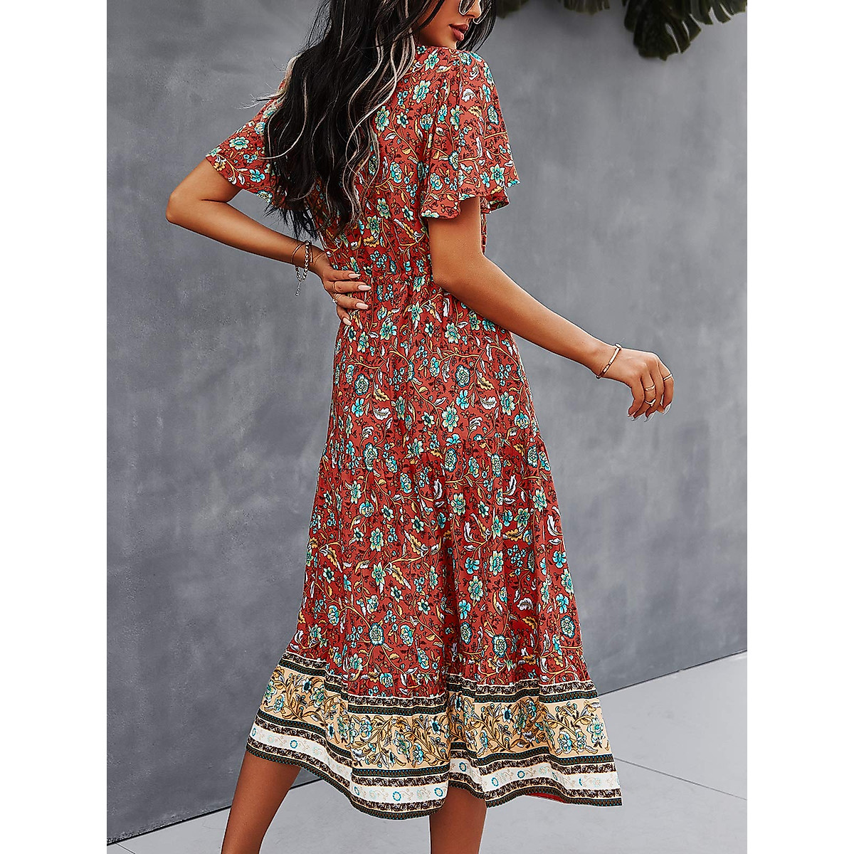 TEMOFON Summer Dresses for Women 2024 Boho Sun Maxi Beach Sundresses Summer Floral Short Sleeve V Neck Bohemain Flowy Loose Casual Cute Spring Trendy Vacation Dress Red