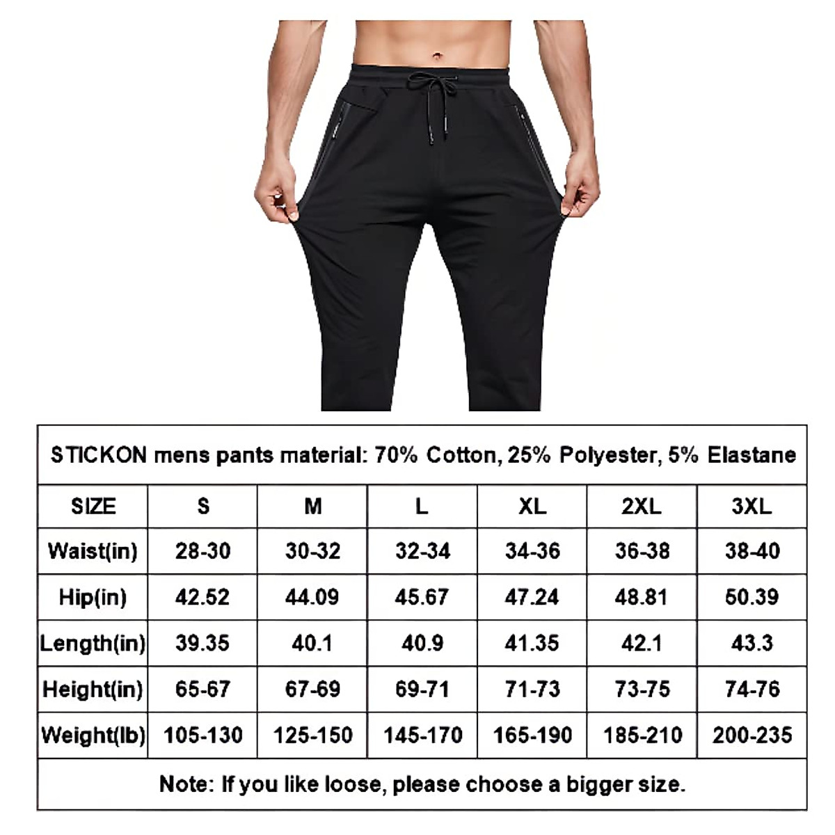 STICKON Mens Casual Joggers Sweatpants Closed Bottom Athletic Track Pants Winter Lounge Sweat Black Pants for Men with Zipper Pockets