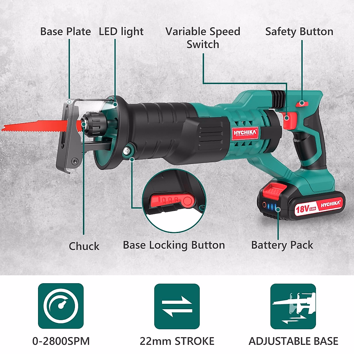 HYCHIKA Reciprocating Saw, 18V MAX Cordless Power Saw with 2.0Ah Battery, 2800SPM,7/8" Stroke Length, Variable Speed, Tool-Free Blade Change, 4 Saw Blades for Wood & Metal Cutting