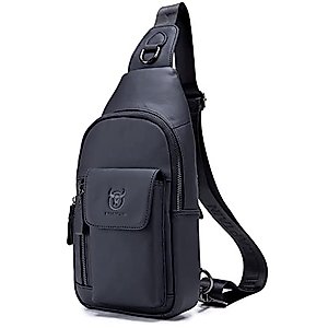 BULLCAPTAIN Men Genuine Leather Shoulder Sling Bag Daypack Casual Multi- pocket Crossbody Chest Bag Travel Hiking Backpacks (Black)