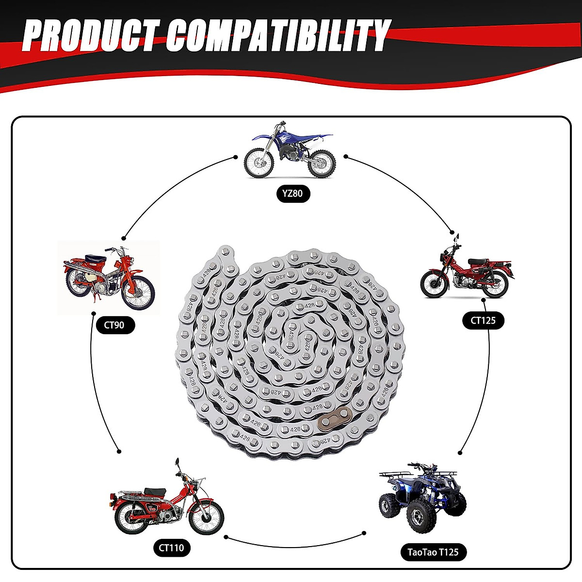 KAMIER 428 Drive Chain 102 Link with Chain Breaker for 50cc 70cc 90cc 110cc 125cc CT90 CT110 TaoTao TForce Coolster Vitacci Apollo Trailmaster Pit Dirt Bike 4 Wheeler ATV Quad Go Kart Heavy Duty Parts