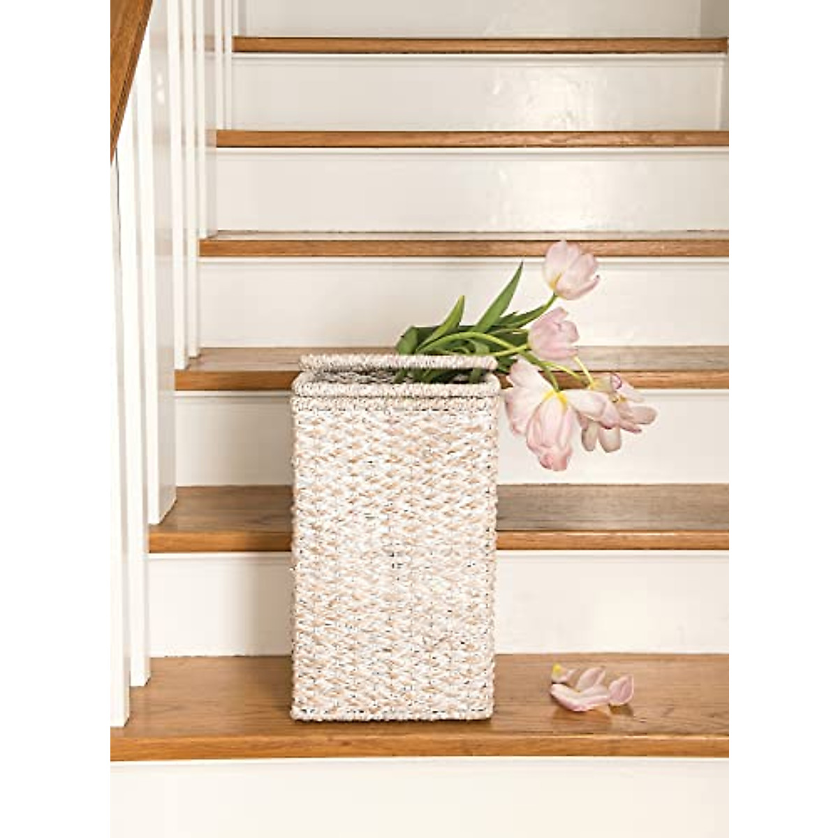 Creative Co-Op Woven Bankuan Rope Stair Basket with Handles, Whitewash Finish