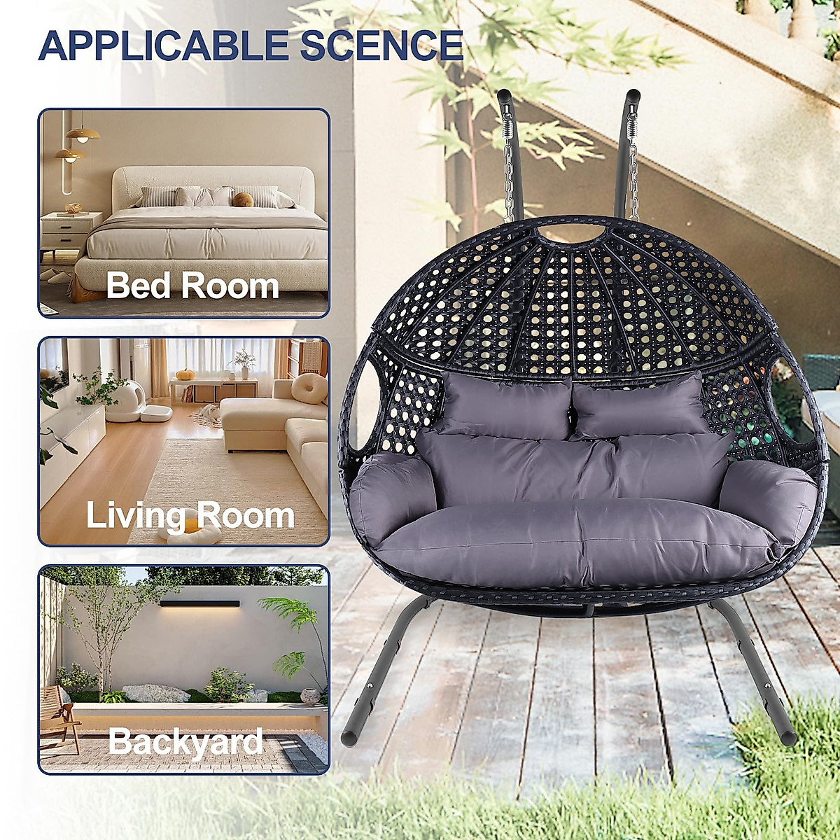 JESE Double Swing Egg Chair with Stand Indoor Outdoor,UV Resistant Cushion 2 People Hanging Anti-Rust Wicker Rattan Frame 530 lbs Capacity Oversized Hammock for Patio Bedroom Balcony，Black