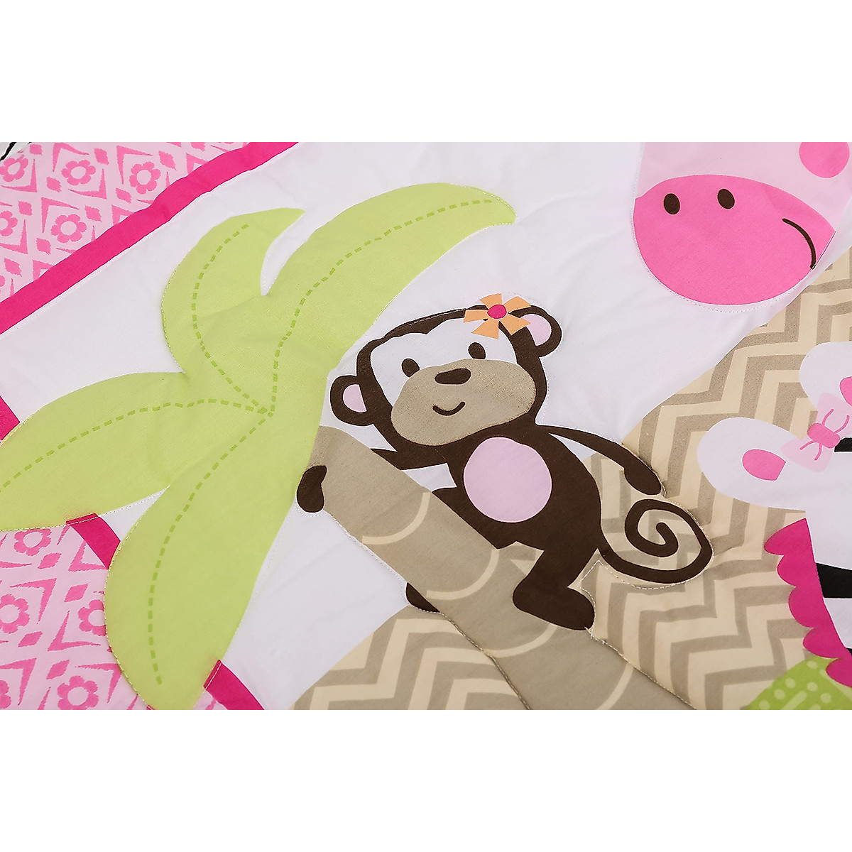 4 PCs Pink Animal Safari Nursery Crib Bedding Set 1 Quilt 1 Fitted Sheet 1 Skirt 1 Diaper Storage Bag