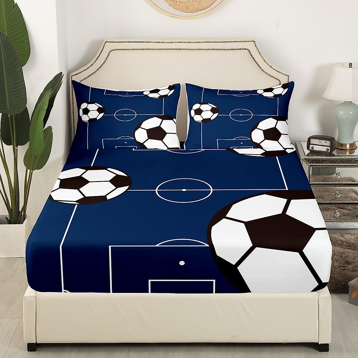Football Fitted Sheet Twin Size Kids Soccer Ball Pattern Bedding Set for Boys Girls Teens Sports Theme Bed Sheet Set Breathable Football Court Bed Cover Deep Pocket Room Decor