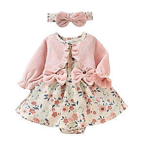 Sasaerucure Infant Newborn Baby Girls Fall Winter Corduroy Dress Long Sleeve Romper Ruffle Floral Bodysuit Fluffy Cardigan Set (Pink, 0-3 Months)