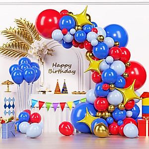 Carnival Circus Balloon Garland Arch Kit-165pcs Red Blue Metallic Chrome Gold Latex Balloons with Star Foil Balloons for Cartoon Hedgehog Carnival Circus Theme Birthday Party Baby Shower Decorations