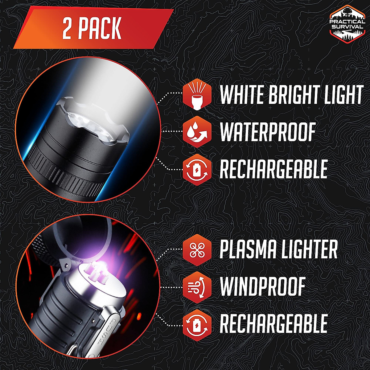Practical Survival LED Emergency Tactical Flashlight Plasma Lighter Combo, 2-Pack, Water Resistant, Wind Resistant, Rechargeable, Compact, 2-In-1 Tool, White