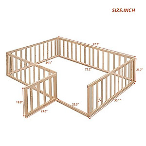 GLANZEND Full Size Floor Bed, Frame with Fence-Shaped Guardrails and Lockable Door, Solid Wood Montessori Platform Bed for Kids, Toddlers, Boys Girls, No Box Spring Needed, Natural