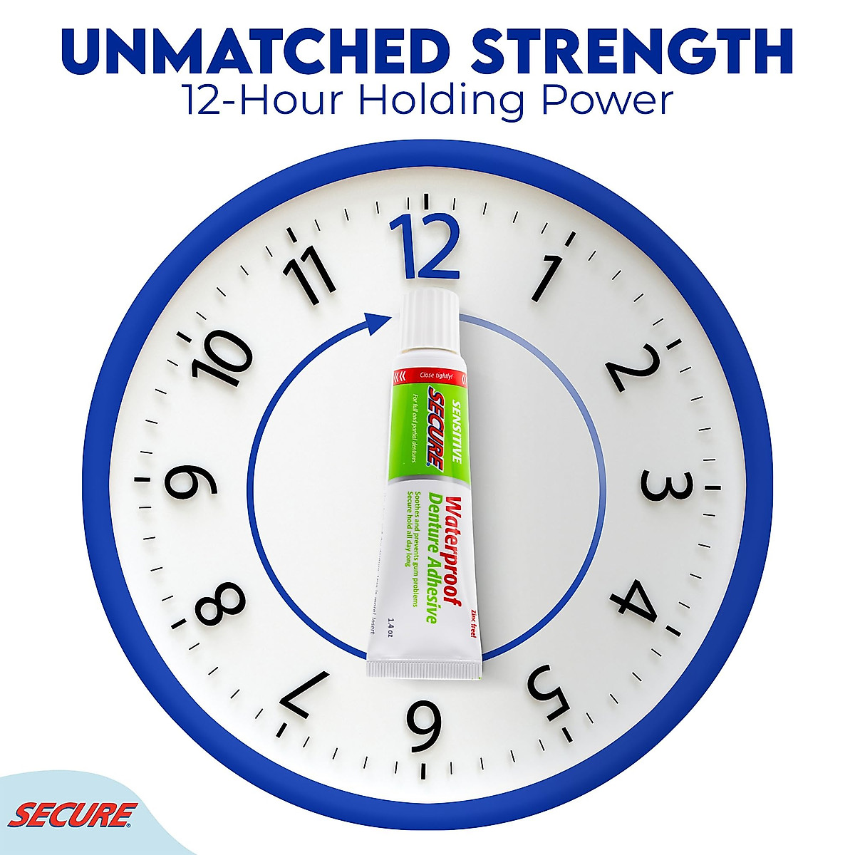 Secure Sensitive Gums Waterproof Denture Adhesive Zinc Free with Aloe Vera & Myrrh - Extra Strong 12 Hour Hold - 1.4 oz