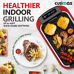 CUSIMAX Smokeless Indoor Grill, Electric Grill Griddle, 1500W Korean BBQ Grill with LED Smart Display & Tempered Glass Lid, Non-stick Removable Grill Plate & Griddle Plate, Red
